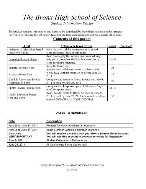 The Bronx High School of Science Student Information Packet