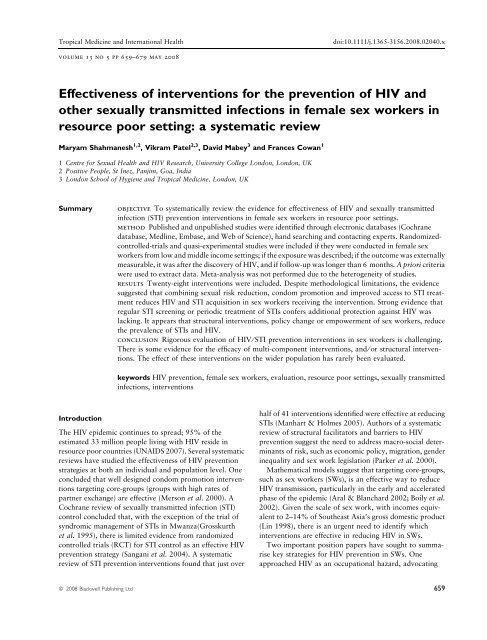 Effectiveness of interventions for the prevention of HIV and other ...