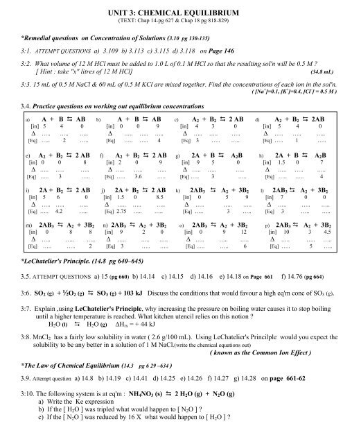 UNIT 3: CHEMICAL EQUILIBRIUM - Sympatico