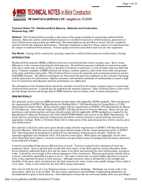 Tech Note 17A Reinforced Brick Masonry Materials And Construction