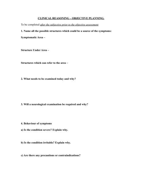 Clinical Reasoning Form â Objective Examination Planning Form