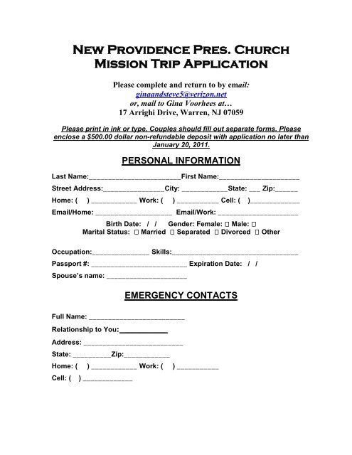 New Providence Pres. Church Mission Trip Application