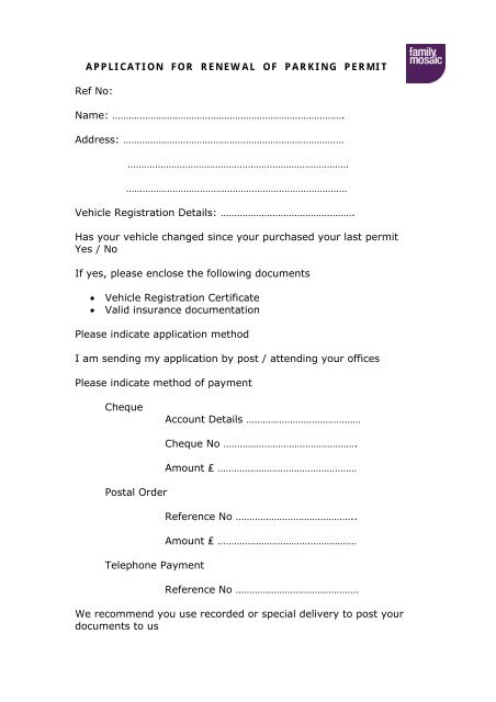 application form to renew your parking permit - Family Mosaic