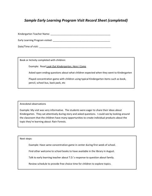 Sample Early Learning Program Visit Record Sheet
