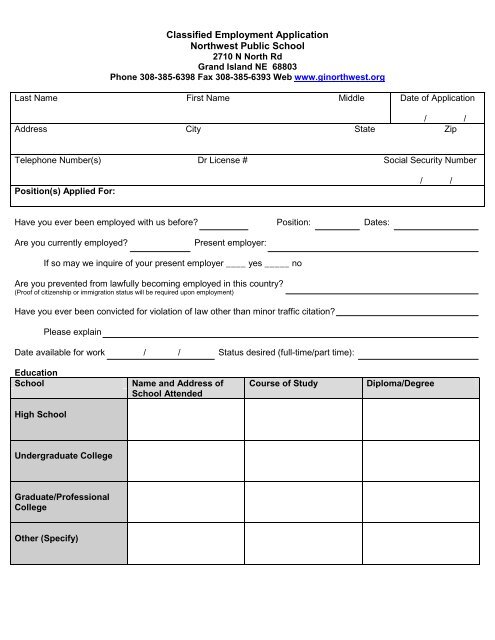 APPLICATION FOR EMPLOYMENT - Northwest High School