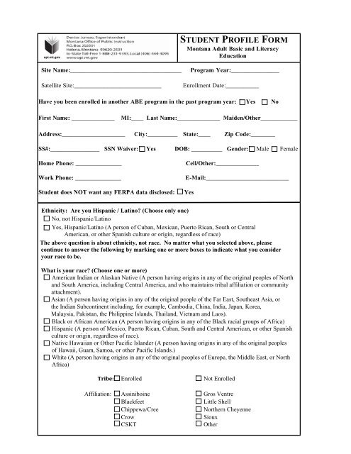 STUDENT PROFILE FORM - NW LINCS