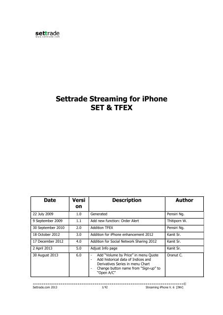 Settrade Streaming for iPhone SET & TFEX