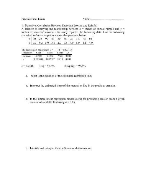 Practice Final Exam - Statistics Practice Final Exam - Statistics