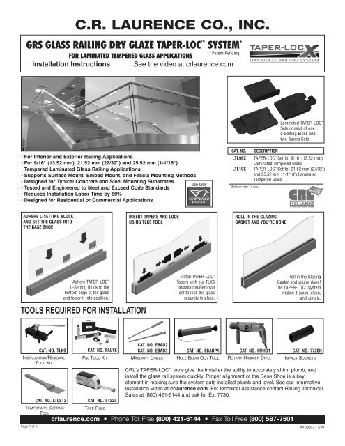 cr laurence co., inc. grs glass railing dry glaze taper-loc ... - Glas ...