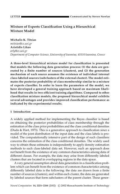 Mixture Of Experts Classification Using A Hierarchical Mixture Model