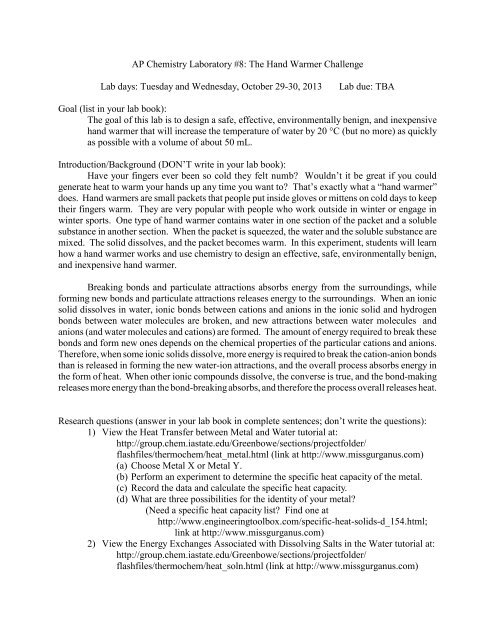 AP Chemistry Laboratory #8: The Hand Warmer Challenge Lab days