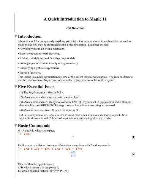 A Quick Introduction to Maple 11 - Computer Science @ Earlham