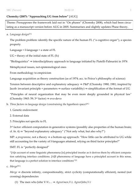 Chomsky (2007): “Approaching UG from below ... - satzstrukturen