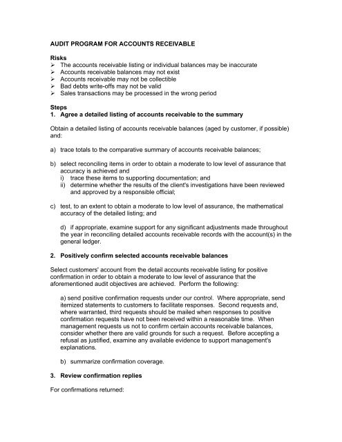 AUDIT PROGRAM FOR ACCOUNTS RECEIVABLE - Accountancy