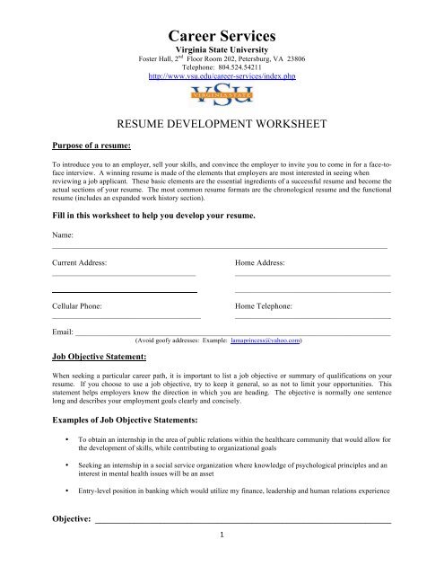 Resume Development Worksheet - Virginia State University
