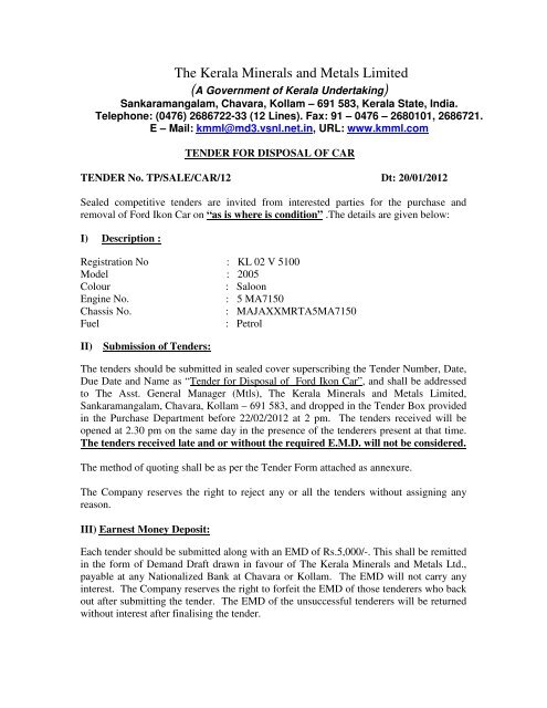 The Kerala Minerals and Metals Limited - Kmml.com