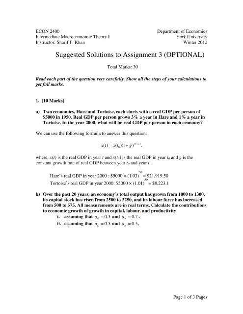 Suggested Solutions to Assignment 3 (OPTIONAL) - Department of ...