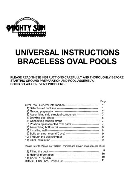 universal instructions braceless oval pools - Swimming Pool Kits