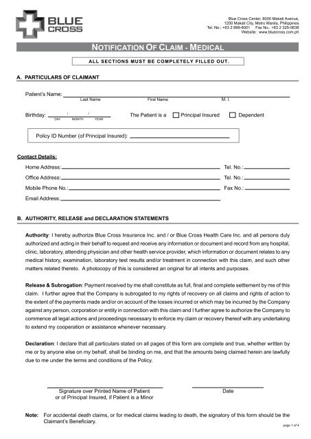 NOTIFICATION OF CLAIM - MEDICAL - Blue Cross