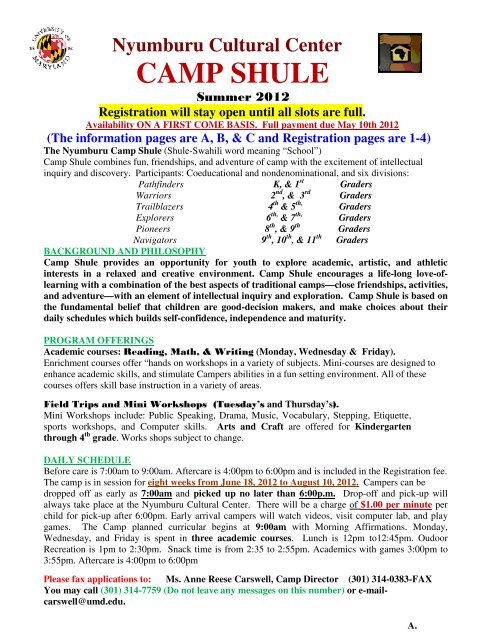CAMP SHULE - Nyumburu Cultural Center - University of Maryland