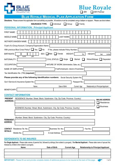 BLUE ROYALE MEDICAL PLAN APPLICATION FORM ... - Blue Cross