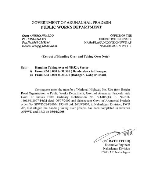 Extract of Handing Over and Taking Over Note - Arunachalpwd.org