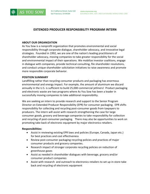 extended producer responsibility program intern - As You Sow