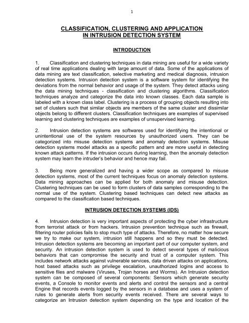Classification Clustering And Application In Intrusion Detection System
