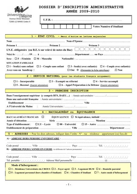 DOSSIER D'INSCRIPTION ADMINISTRATIVE - UniversitÃ© du Maine