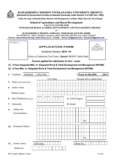 Application form - IRTDM - Ramakrishna Mission Vivekananda ...
