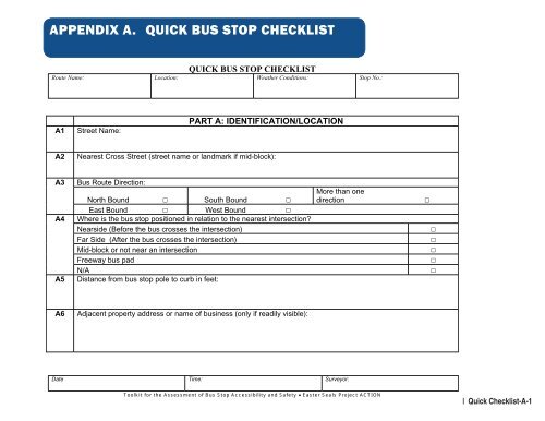 APPENDIX A. QUICK BUS STOP CHECKLIST - Transit Access Project