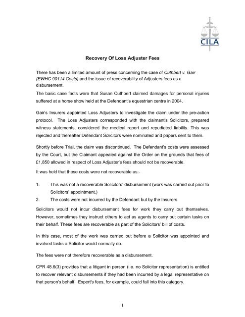 Recovery Of Loss Adjuster Fees - CILA/The Chartered Institute of ...