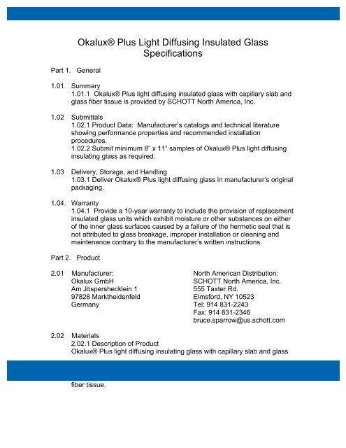 OkaluxÂ® Plus Light Diffusing Insulated Glass Specifications