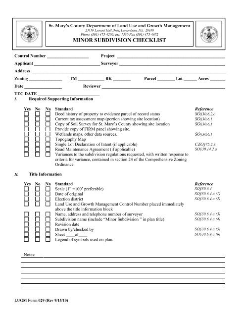 MINOR SUBDIVISION CHECKLIST - St. Mary's County