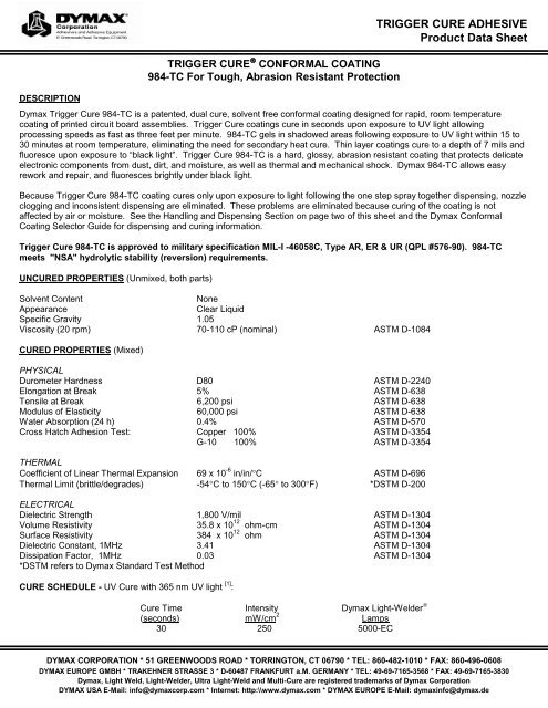 TRIGGER CURE ADHESIVE Product Data Sheet - Dymax Corporation
