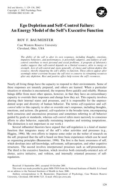 Ego Depletion and Self-Control Failure: An Energy Model of the ...