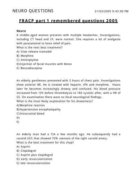 NEURO QUESTIONS FRACP part 1 remembered ... - Pass the FracP