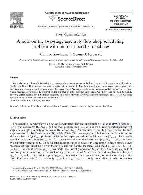 A note on the two-stage assembly flow shop scheduling problem ...