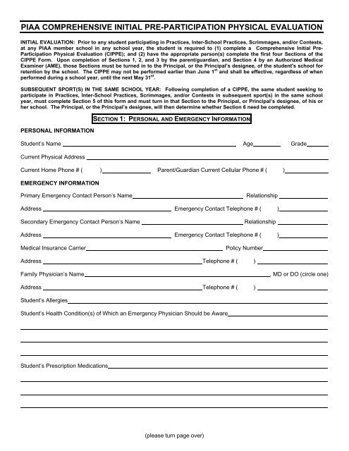 piaa comprehensive initial pre-participation physical evaluation