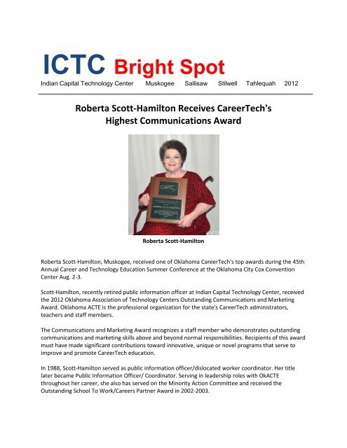 Roberta Scott-Hamilton Wins CareerTech Highest Communications ...