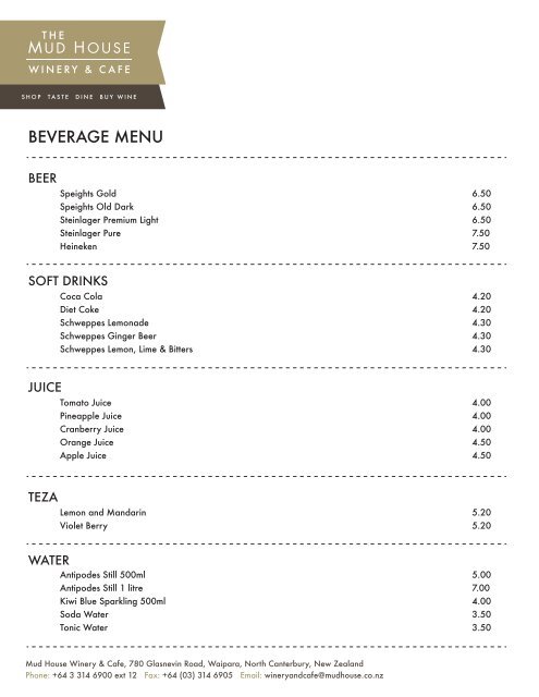 Beverage Menu - the Mud House Winery & Cafe
