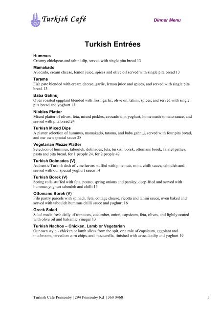 Ponsonby Dinner Menu - Turkish Cafe