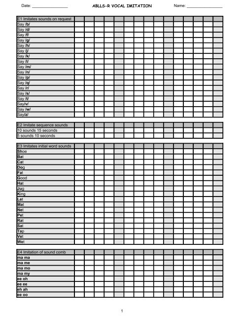ABLLS-R VOCAL IMITATION Name - Tracking Sheets