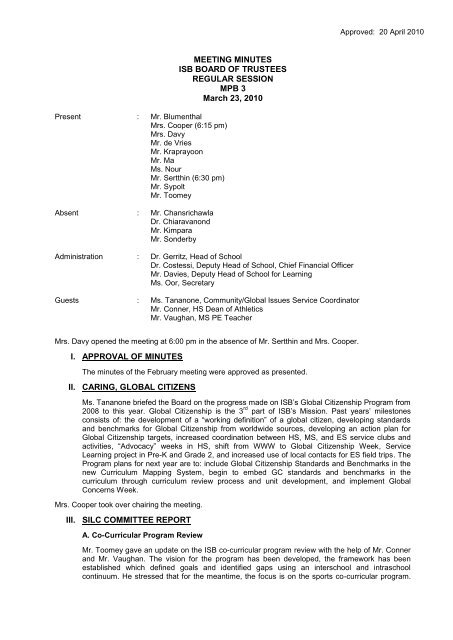 MEETING MINUTES ISB BOARD OF TRUSTEES REGULAR ... MEETING MINUTES ISB BOARD OF TRUSTEES REGULAR ...