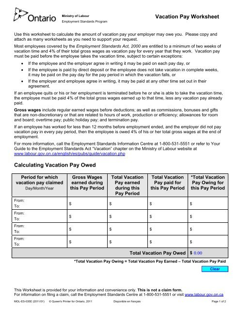 Vacation Pay Worksheet Calculating Vacation Pay Owed