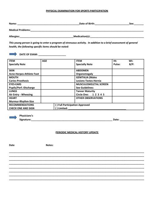Physical Exam form for Sports Participation - Milford Middle School