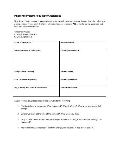 Innocence Project: Request for Assistance - The Innocence Project