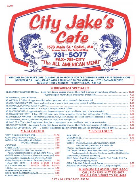 lunch menu - City Jakes Cafe
