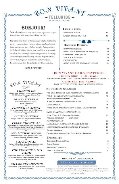 Bon Vivant Menu - Telluride Ski Resort