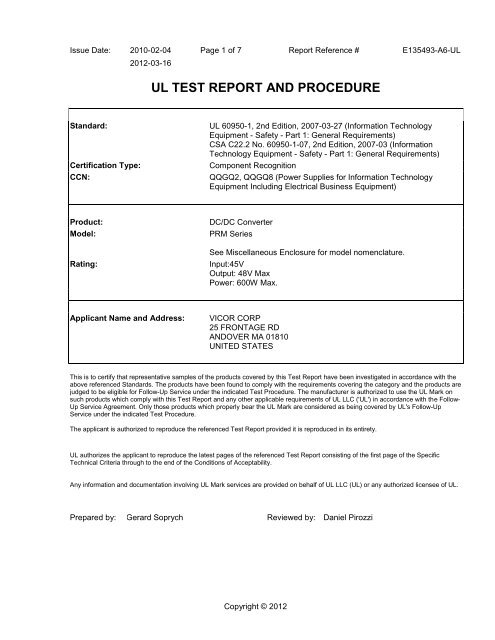 UL TEST REPORT AND PROCEDURE - Vicor